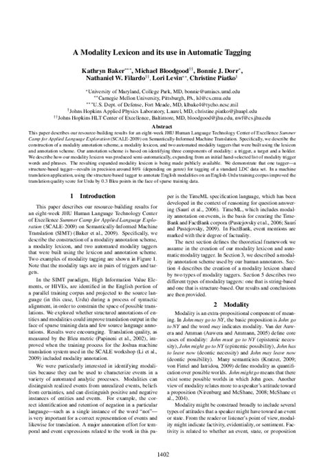 Pdf A Modality Lexicon And Its Use In Automatic Tagging Christine