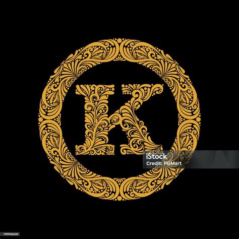 둥근 프레임의 프리미엄 우아한 대문자 K는 꽃 장식으로 만들어졌습니다 바로크 양식 모노그램 엠블럼 트랜드 디자인 액자에 대한 스톡 벡터 아트 및 기타 이미지 Istock