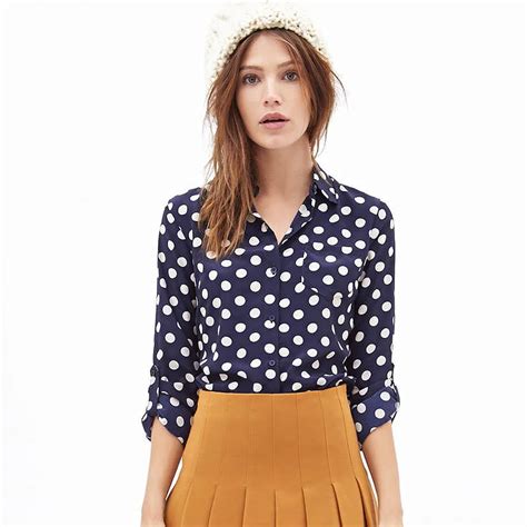 Women Chiffon Blouses Blue White Polka Dot Shirt Sleeve Turn Down Collar Single Breasted Pocket