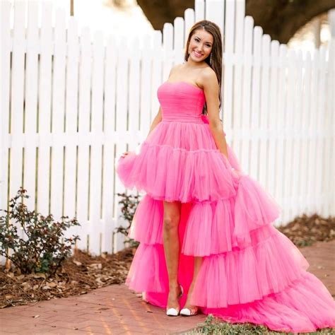Pm032hot Pink Tulle Prom Dresses Strapless High Low Evening Formal Dr