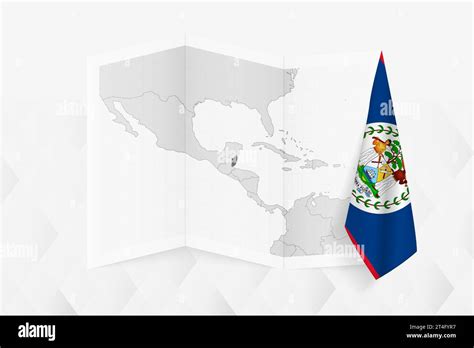 A Grayscale Map Of Belize With A Hanging Belizean Flag On One Side