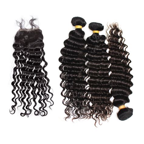 Malaysian Curly Weave Human Hair Bundles Pcs With Closure Deep Wave Virgin Hair Extensions