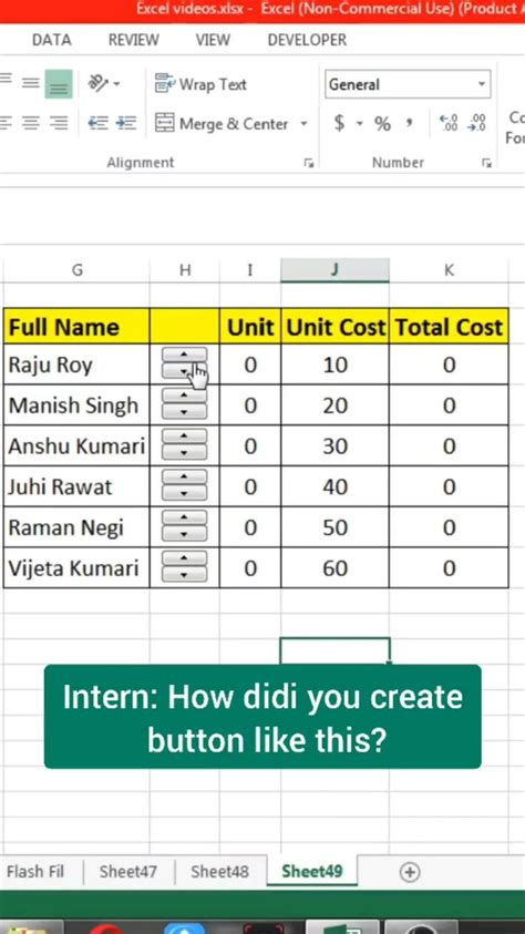 एकसल म सपन बटन बनए और कल लगत क गणन कर