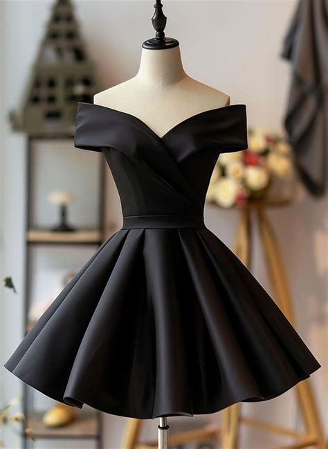 Black Satin Off Shoulder Knee Length Homecoming Dress Black Party Dre