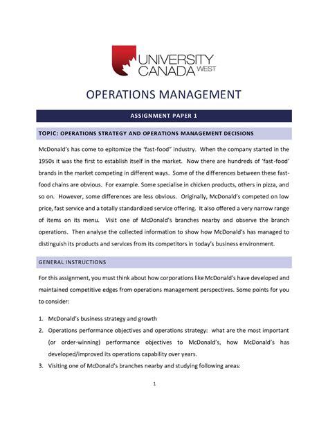 Assignment 1 Operations Strategy 2022 1 Operations Management Assignment Paper 1 Topic