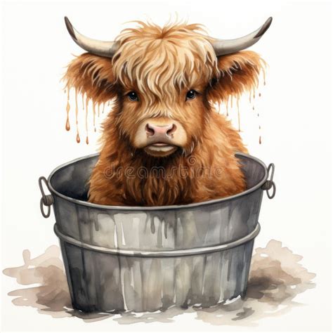 Adorable Highland Cow Sitting In A Bucket Watercolor Clipart Ai