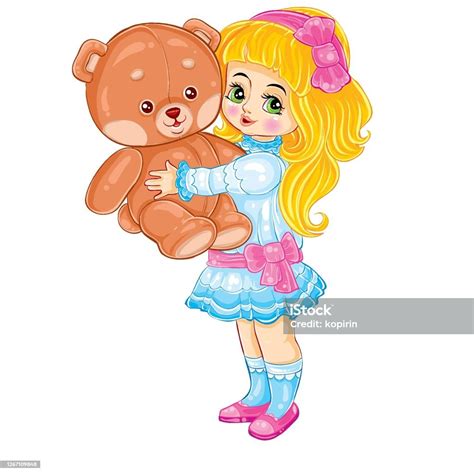 그녀의 손에 큰 장난감 곰을 들고 귀여운 소녀 선물 복고풍 만화 일러스트 엽서 흰색 배경 벡터에 고립 된 개체 귀여운에 대한 스톡 벡터 아트 및 기타 이미지 Istock