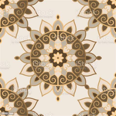 브라운 골드 베이지색 이음매 없는 패턴과 만다라 장식 전통적인 아랍어 인도 모티프 직물 및 섬유 벽지 포장 또는 원하는 아이디어에 적합합니다 0명에 대한 스톡 벡터 아트 및