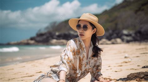 써니 비치 바이브 꽃무늬 드레스와 선글라스를 입은 세련된 여성 바이 배경 비치 배경 색안경 배경 이미지 Hd 바이