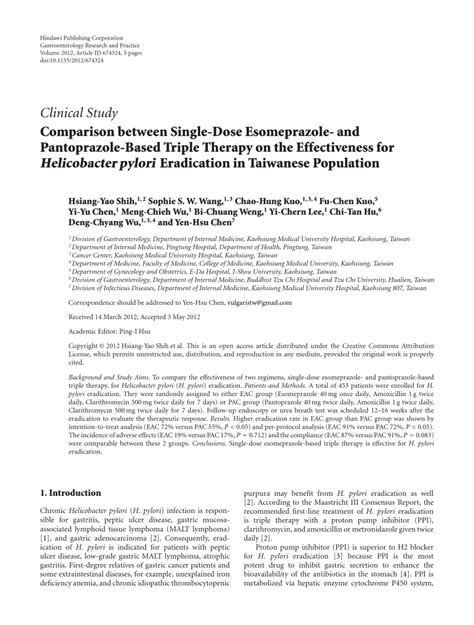 Pdf Comparison Between Single Dose Esomeprazole And Pantoprazole Based Triple Therapy On The