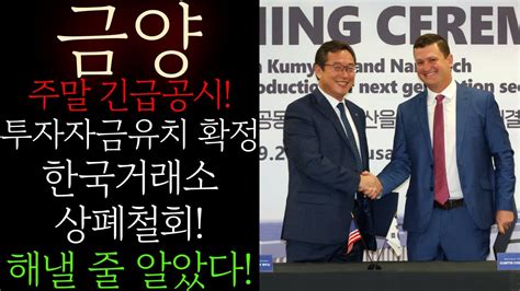 🔵 금양 주말 긴급속보 한국거래소 상폐 철회 투자자금유치 확정 공시 해낼 줄 알았다 류광지 인터뷰 감사하다 금양
