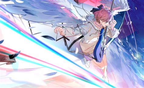 Safebooru 1girl Angel Wings Bass Guitar Blue Sky Bow Highres Hood