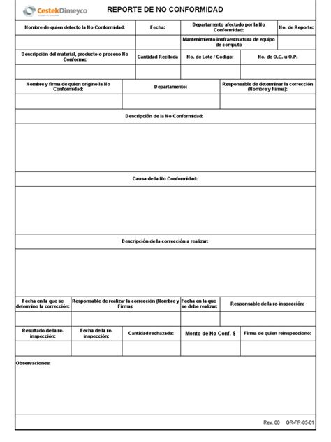 Formato De Reporte De No Conformidad Pdf