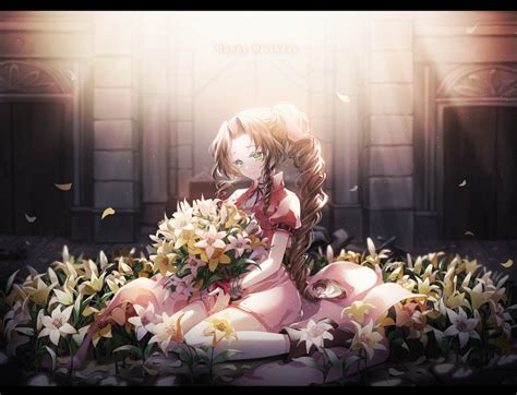 Safebooru 1girl Aerith Gainsborough Bouquet Brown Hair Cat Princess