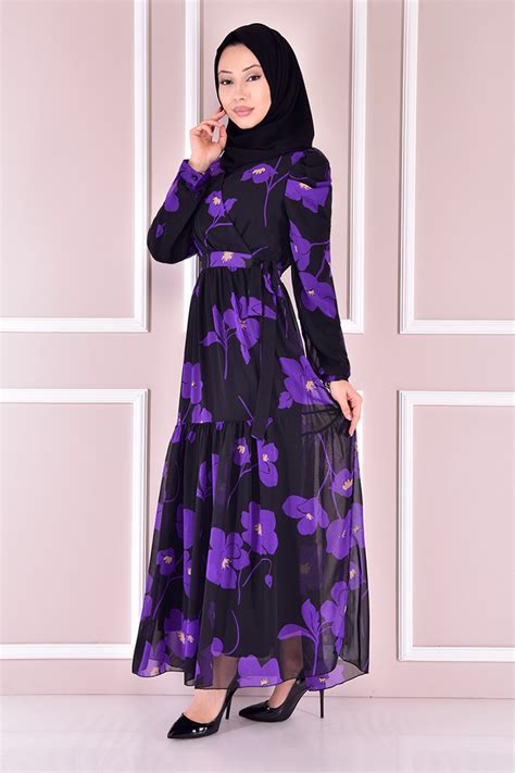 Moda Merve Mor Şifon Desenli Elbise ElbiseBul