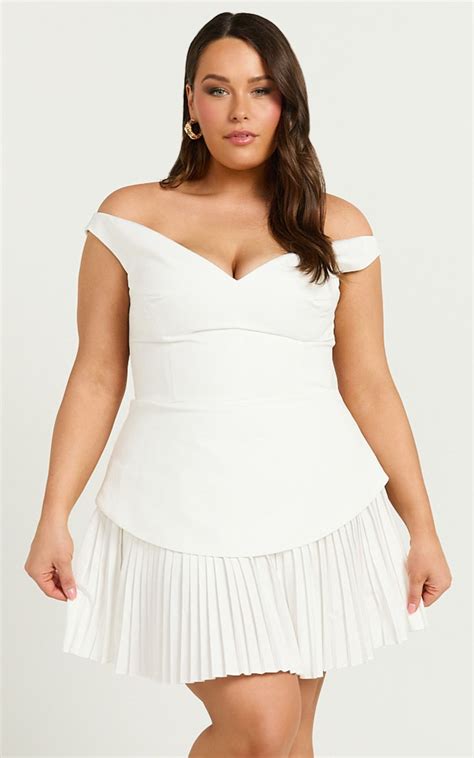 Izara Mini Dress Off Shoulder Pleated Dress In Off White Showpo Usa