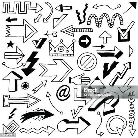 낙서 손으로 그린 화살표 장식 요소 1을 설정합니다 흑인과 백인 벡터 일러스트입니다 화살표에 대한 스톡 벡터 아트 및 기타