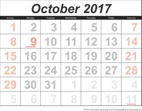 2017 October Calendar Template HQ Printable Documents