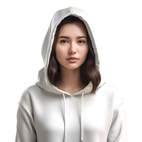 Retrato de una hermosa mujer asiática con capucha blanca sobre fondo