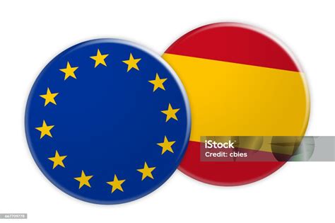 뉴스 개념 Eu 깃발에 스페인 플래그 단추 백색 배경에 3d 그림 3차원 형태에 대한 스톡 벡터 아트 및 기타 이미지 3차원