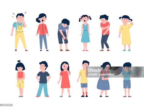 부정적인 감정적 인 아이들 질병과 슬픔 만화 플랫 아이 두통 발열 또는 통증 좌절하고 비명을 지르는 아이들 최근 벡터 세트 소녀에 대한 스톡 벡터 아트 및 기타 이미지