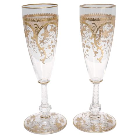 Tiffin Glass Co Gilt Rim And Needle Etch Coupe Stems Set Of Nine For