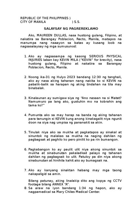 Salaysay Ng Pagrereklamo Republic Of The Philippines City Of Manila