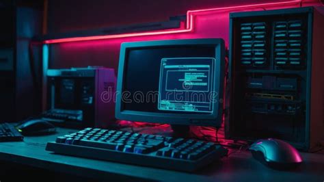 Futuristic Vintage Computers Retro Desktops With Neon Trends Stock Illustration Illustration