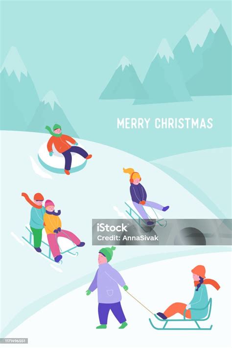 아이들이 썰매 슬라이드를 타고 메리 크리스마스 또는 새해 카드 눈 풍경 겨울 눈 놀이 활동 썰매 속도 승마 또는 어린이 휴가 썰매 타기 게임 활동 벡터 일러스트 썰매 여가
