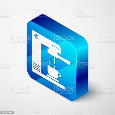 아이소메트릭 커피 머신과 커피 컵 아이콘 흰색 배경에 고립입니다 파란색 사각형 버튼을 클릭 합니다 벡터 일러스트 가정 생활에 대한 스톡 벡터 아트 및 기타 이미지 Istock