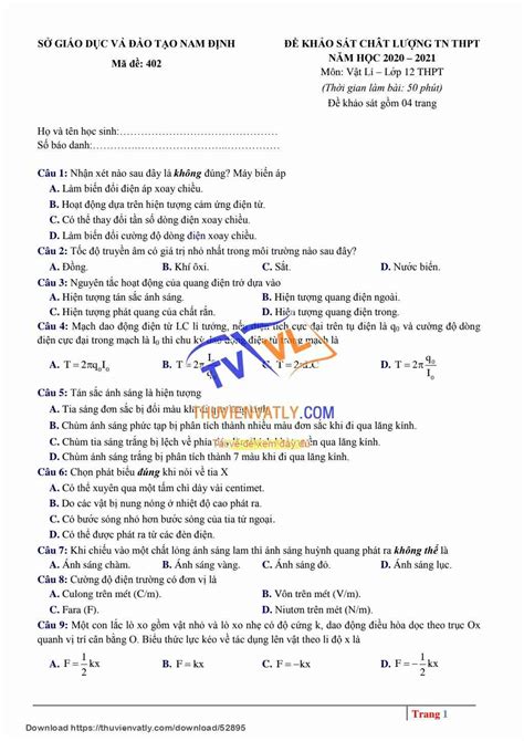 [pdf] Đề thi thử THPTQG (18 trang) | Thư Viện Vật Lý