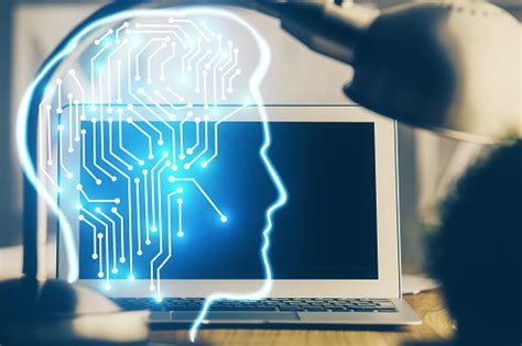 데스크톱 컴퓨터와 인간의 두뇌 그리기 홀로그램의 이중 노출 Ai 컨셉 가구에 대한 스톡 사진 및 기타 이미지 가구 검사 보기 과학 Istock