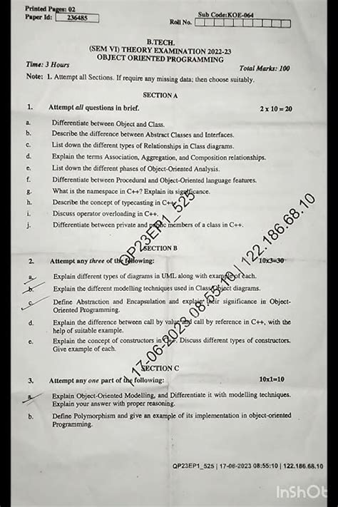 aktu b tech 3rd year 6 sem paper of object oriented programming