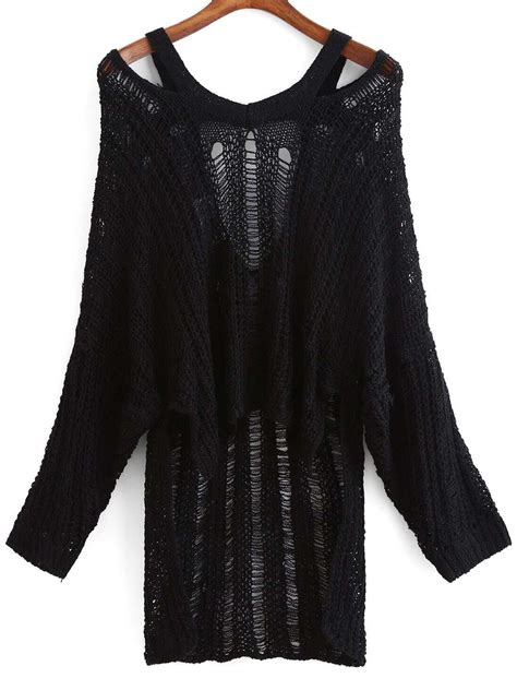 Black Long Sleeve Ripped Knit Sweaterfor Women Romwe