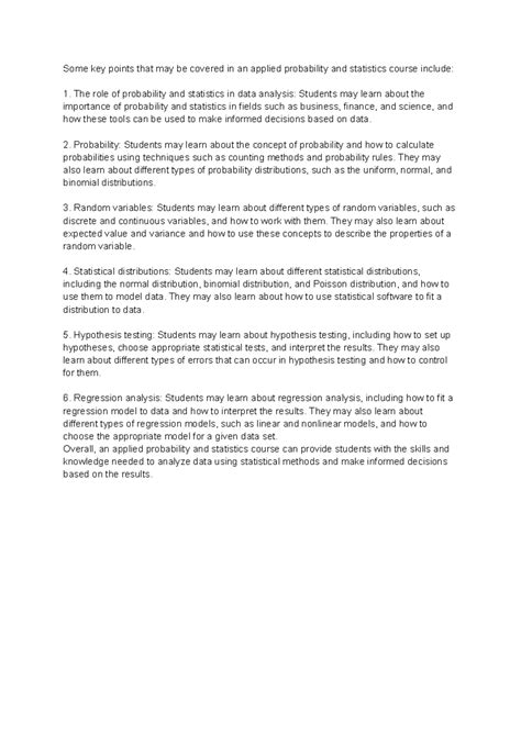 Applied Probability And Statistics C Some Key Points That May Be Covered In An Applied