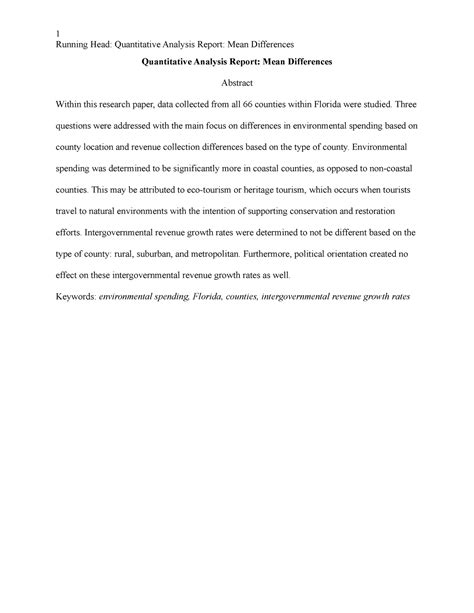 Quantitative Analysis Report Mean Differences Running Head
