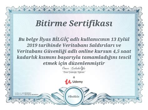 İlyas BİlgİÇ On Linkedin Udemy Course Completion Certificate