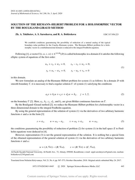 Solution Of The Riemannhilbert Problem For A Holomorphic Vector By The