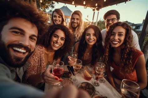 Premium Photo Friends Enjoying Meal And Taking Selfies At Backyard