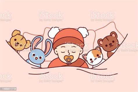 갓 태어난 아기는 장난감 사이에서 침대에서 푹 자거나 육아의 개념을 위해 젖꼭지를 빨고 있다 아기에 대한 스톡 벡터 아트 및