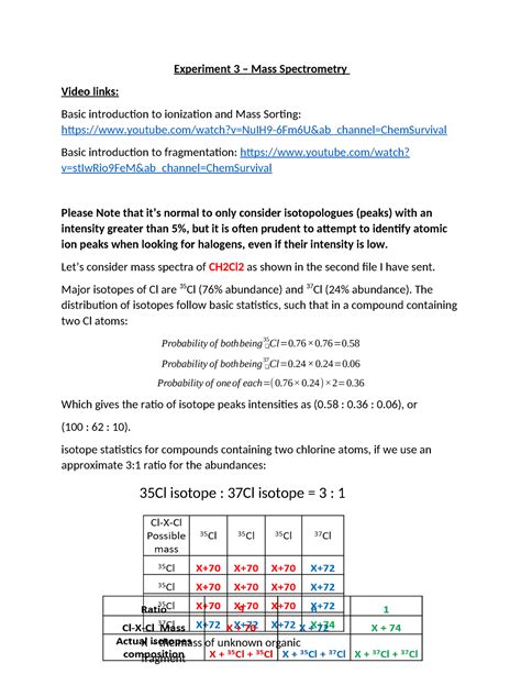 Experiment 3 Mass Spectra Important Notes 1 Experiment 3 Mass Spectrometry Video Links