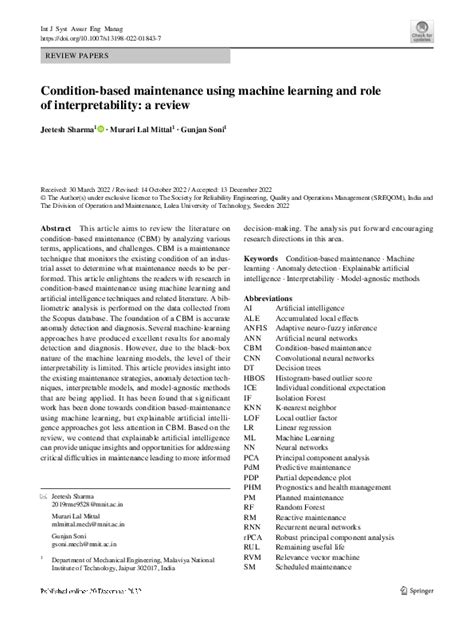 pdf condition based maintenance using machine learning and role of