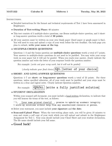 Midterm 1 Just Some Notes MAT1322 Calculus II Midterm 1 Tuesday May 30 2023 Instructions
