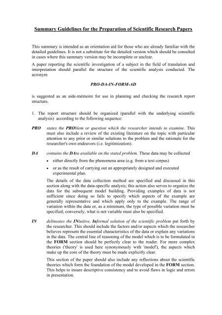 Summary Guidelines For Preparation Of Scientific Papers