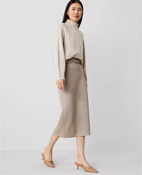 Petite Faux Suede Midi Column Skirt With Belt