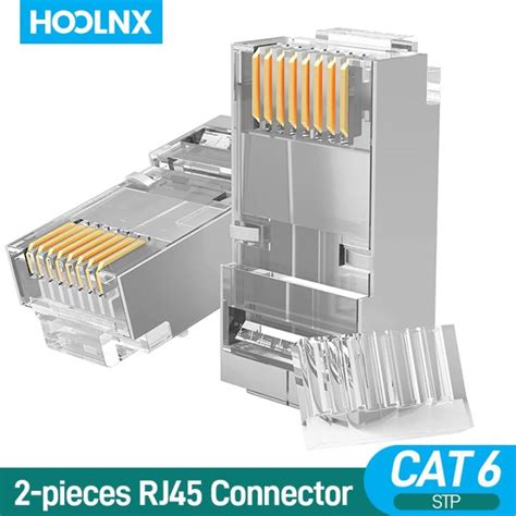 Hoolnx Rj45 Connector 2 Pieces Stp Cat6 Modular Plugs 50u Ethernet Ends Plated Load Bar For 23