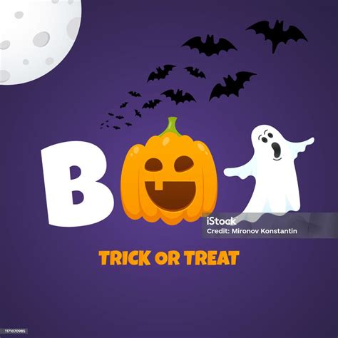 호박 무서운 얼굴 표정 찡그린 얼굴 유령 박쥐 달과 텍스트 Boo 평면 스타일 디자인 벡터 일러스트 와 행복 할로윈 포스터