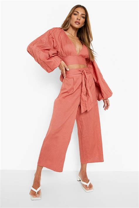 Linen Look Balloon Sleeve Crop And Wide Leg Pants Boohoo Usa