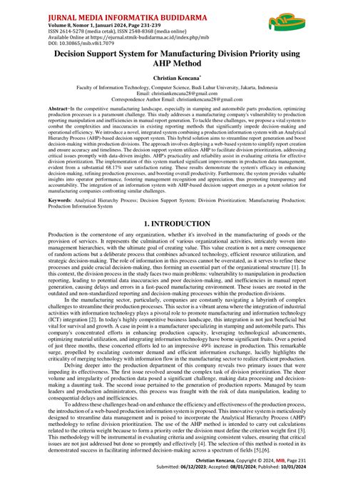 Pdf Decision Support System For Manufacturing Division Priority Using