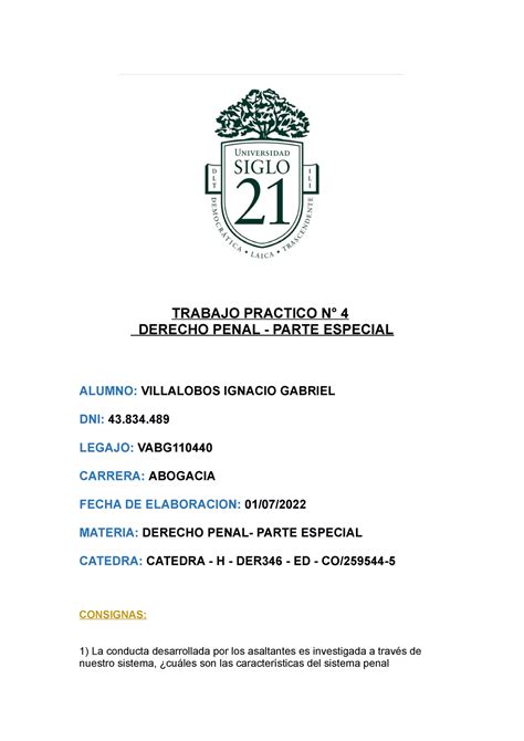 TP N4 Derecho Penal Especial TRABAJO PRACTICO N 4 DERECHO PENAL